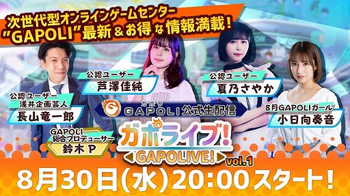 オンラインゲームセンター「GAPOLI」公式生配信「ガポライブ！」Vol.1，本日20：00より配信。視聴者プレゼントもアリ！【PR】