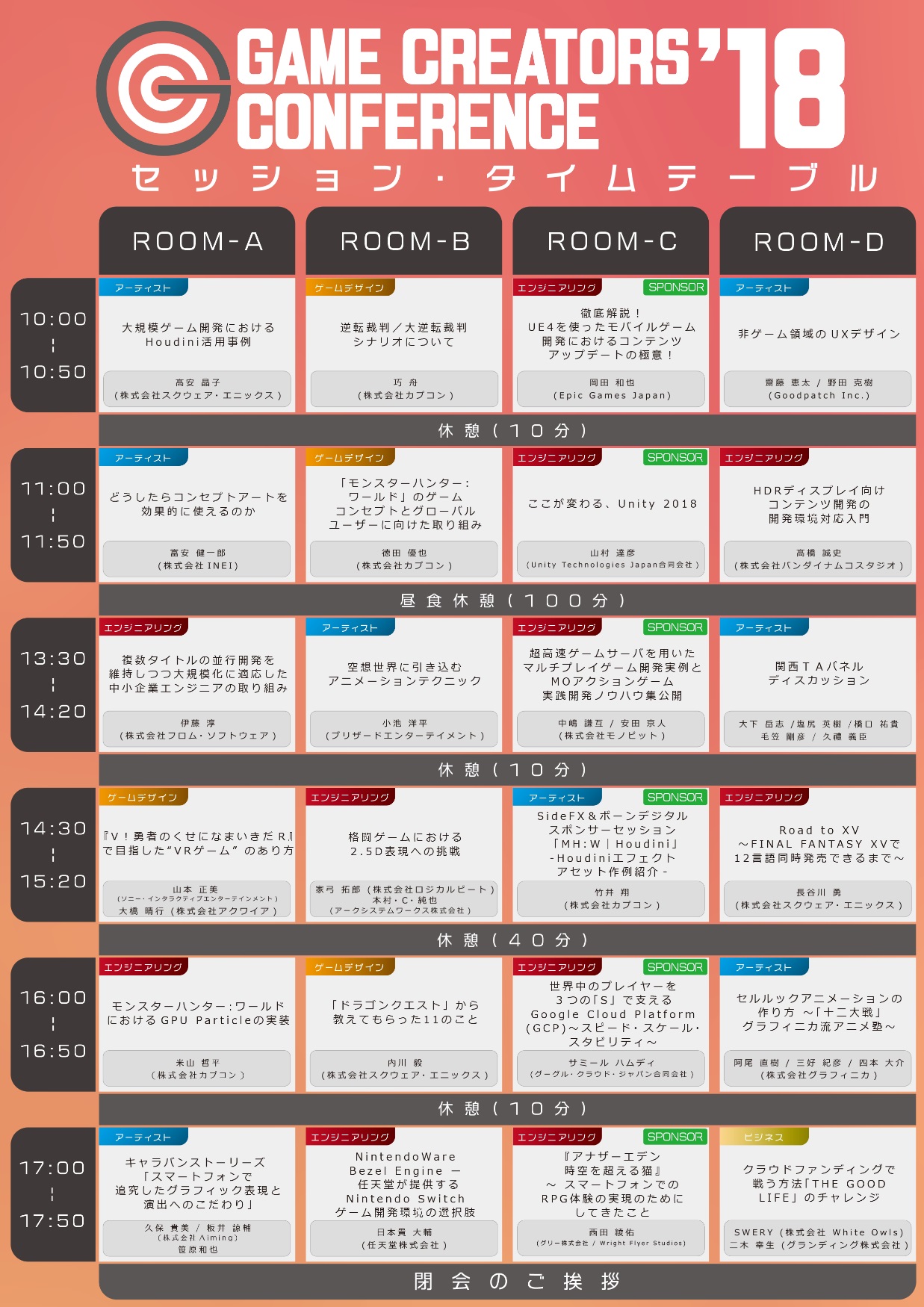 「GAME CREATORS CONFERENCE '18」，セッション情報とタイムテーブルが公開